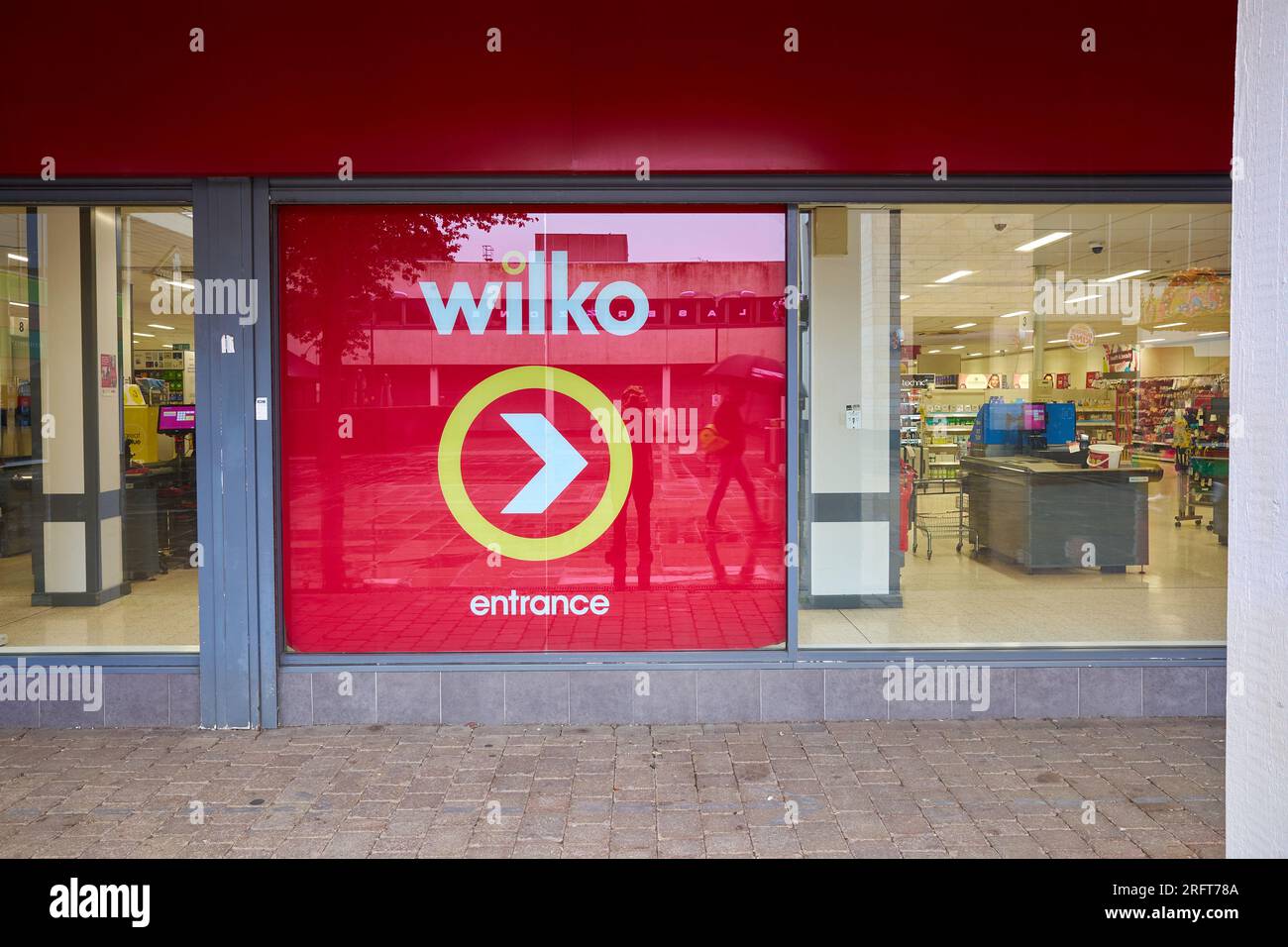 Entrance sign on the window of a Wilko budget shop in the town centre ...