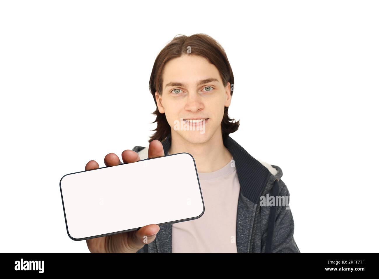 Modern blank cell phone with empty white screen display in hand of cute ...