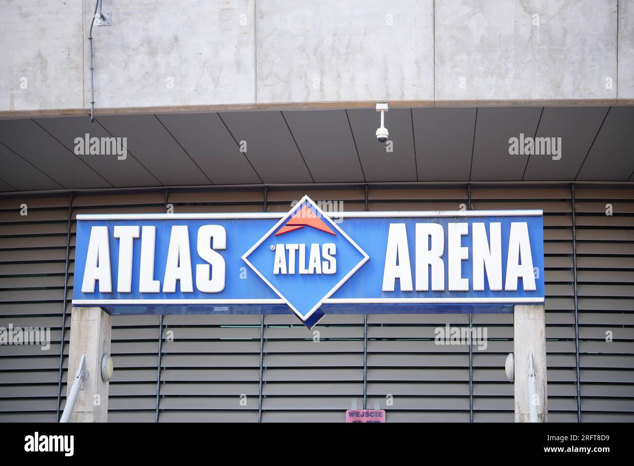 Front view of the Atlas Arena sign, with blue background and bold white ...