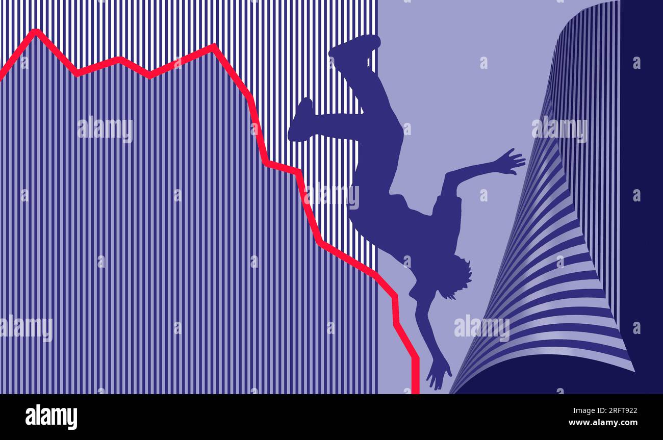 A man is seen falling as a stock market chart is also falling in a 3-d ...