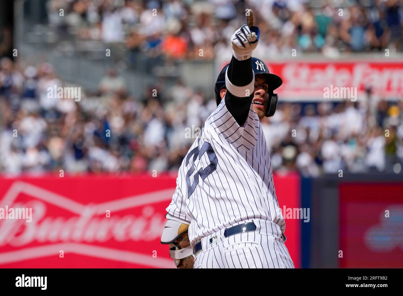 New York Yankees' Gleyber Torres gestures to the fans after hitting a ...