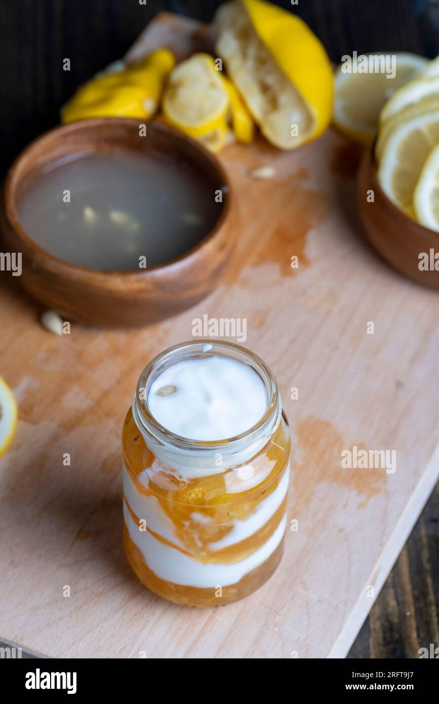 Yogurt made from fresh milk with the addition of sweet lemon jam and ...