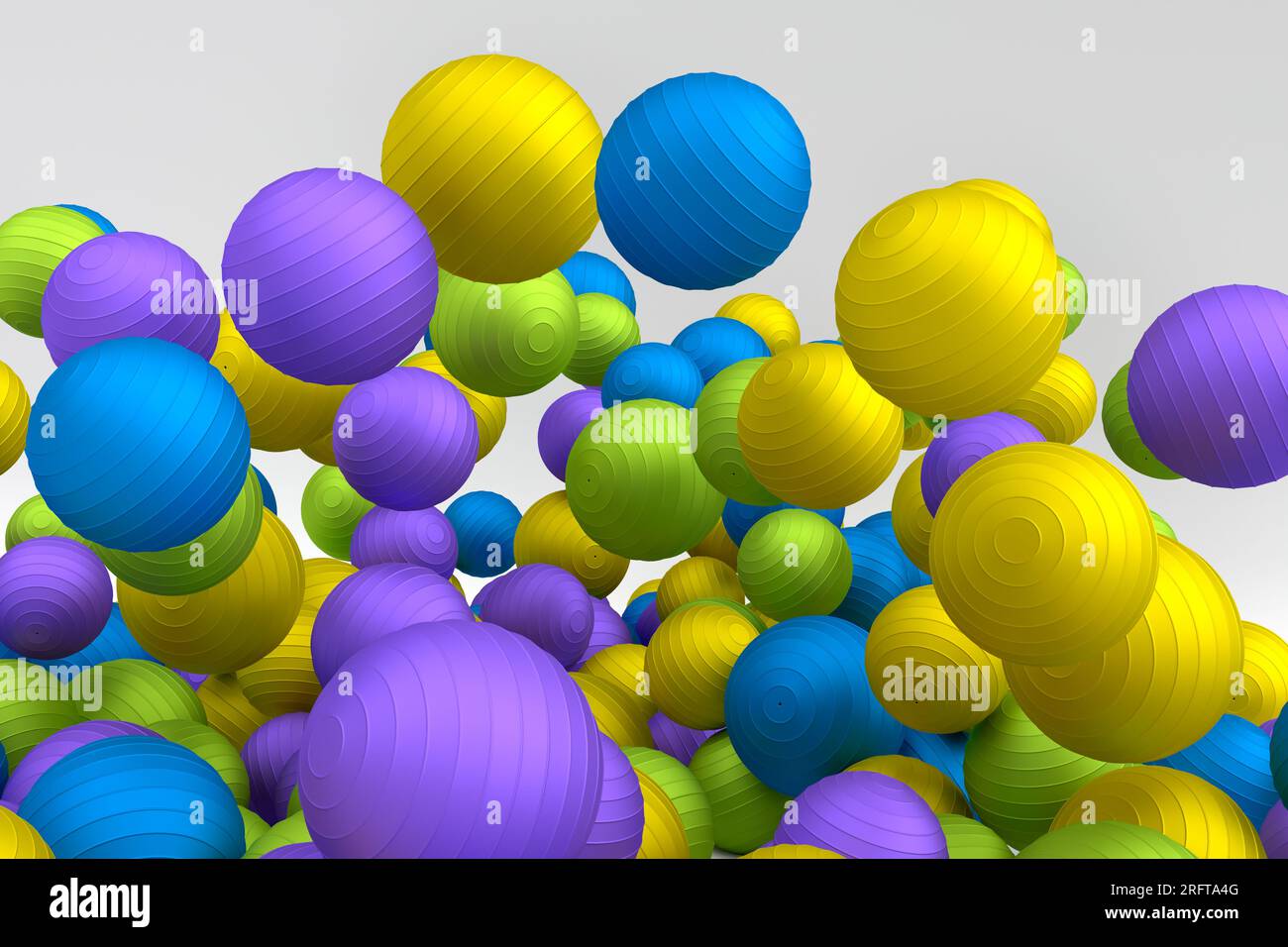 Many of flying multicolor basketball ball falling on white background ...