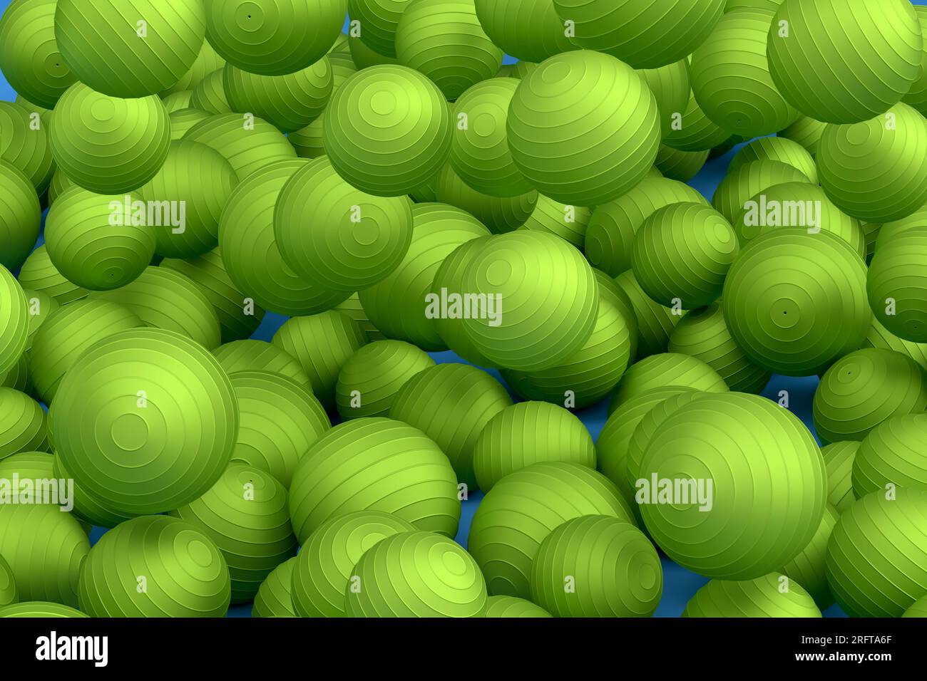 Many of flying green basketball ball falling on blue background. 3d ...