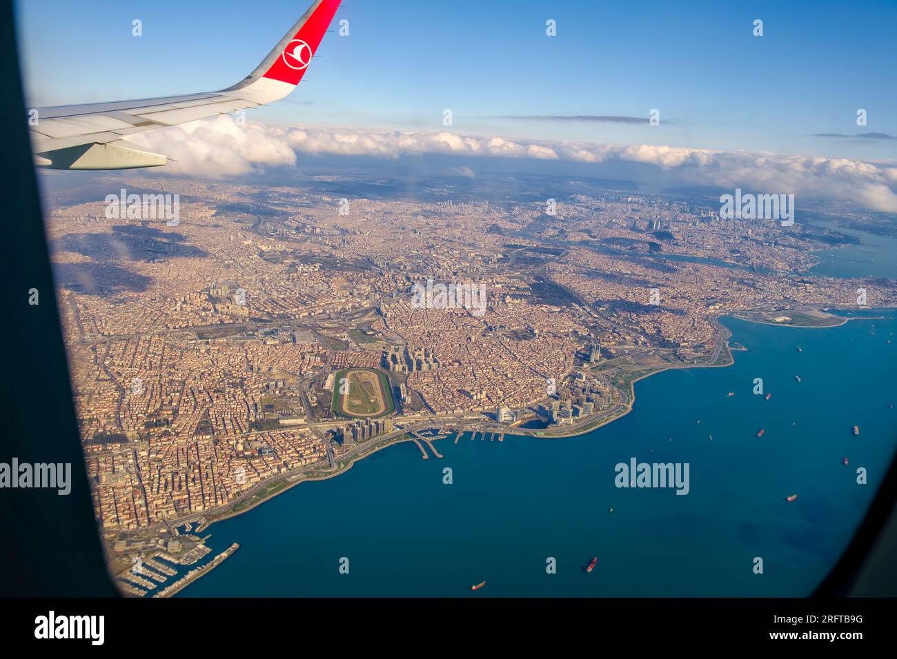Looking through window aircraft Turkish airlines during flight over ...