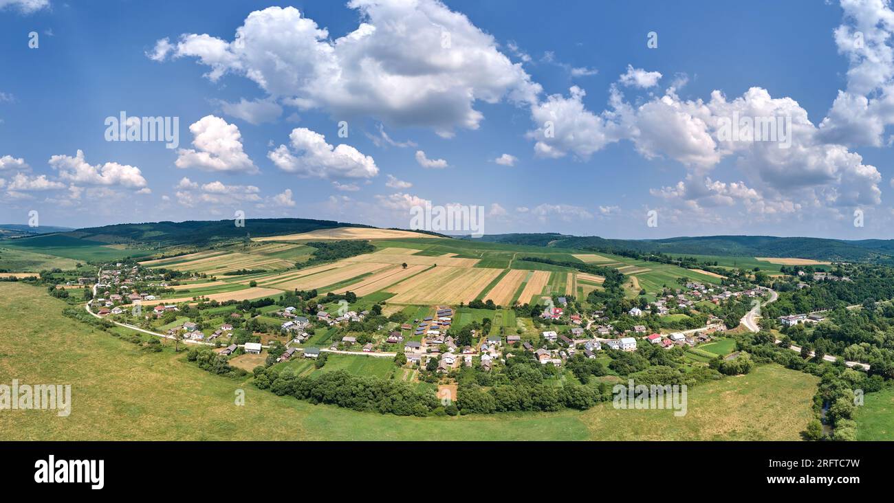 Aerial landscape view of green cultivated agricultural fields with ...