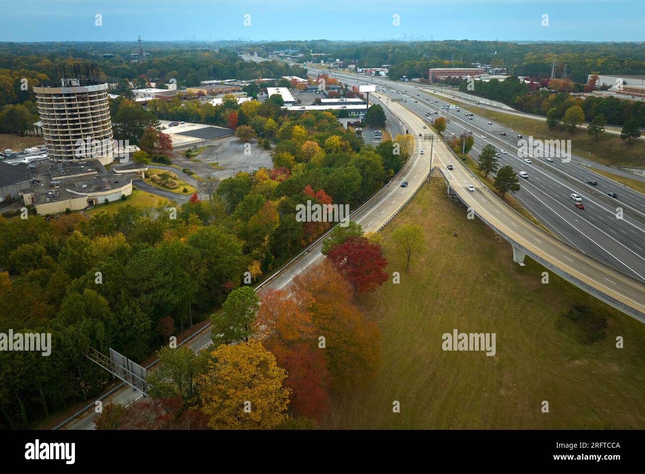 Aerial view of american freeway intersection with fast moving cars and ...