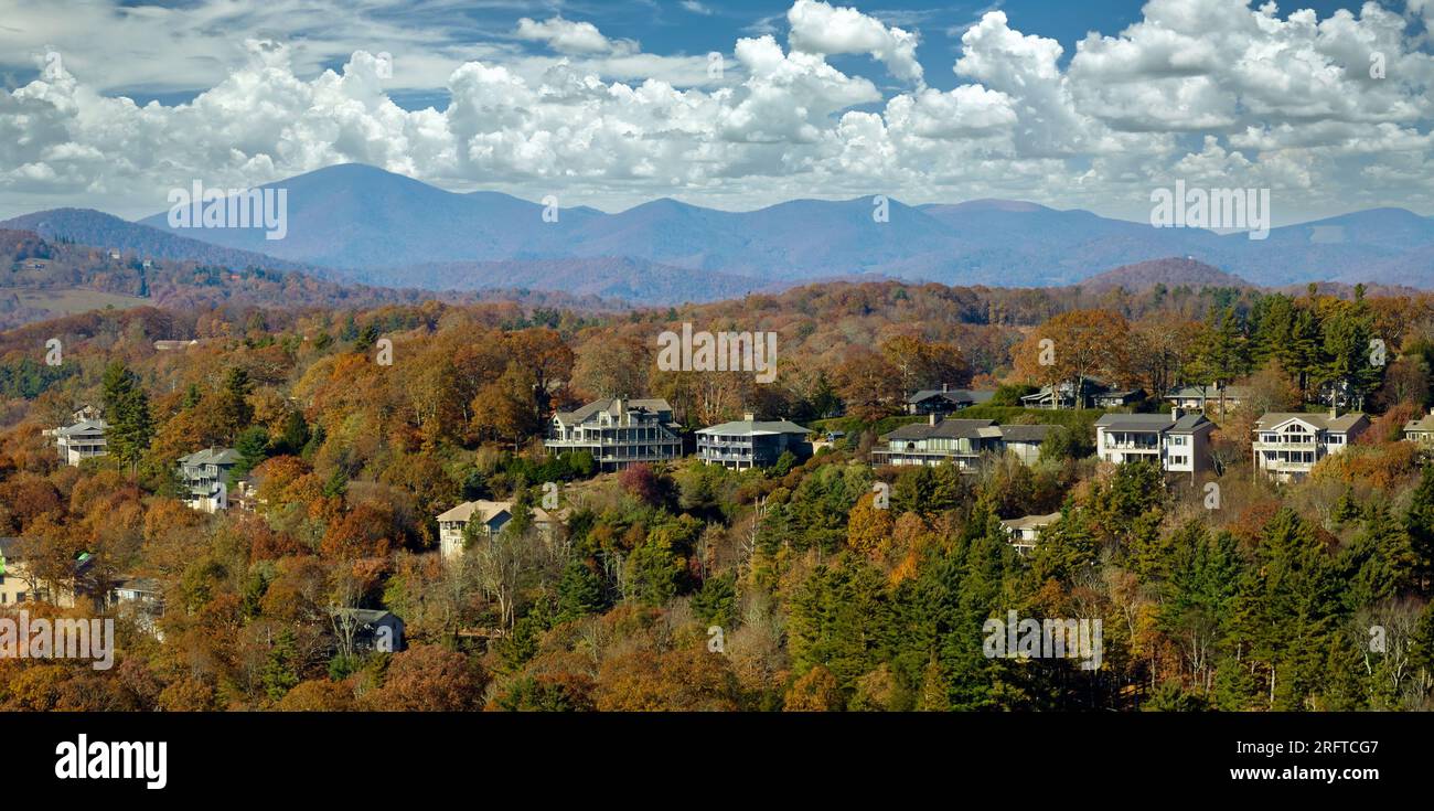Aerial view of big family houses on mountain top between yellow trees ...