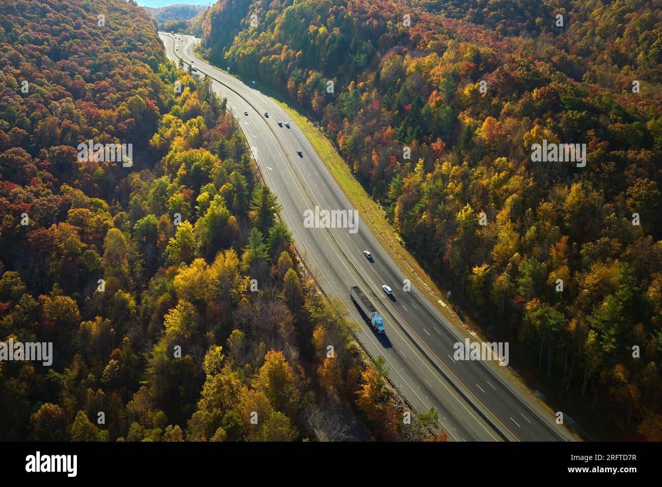 Aerial view of I-40 freeway in North Carolina leading to Asheville ...