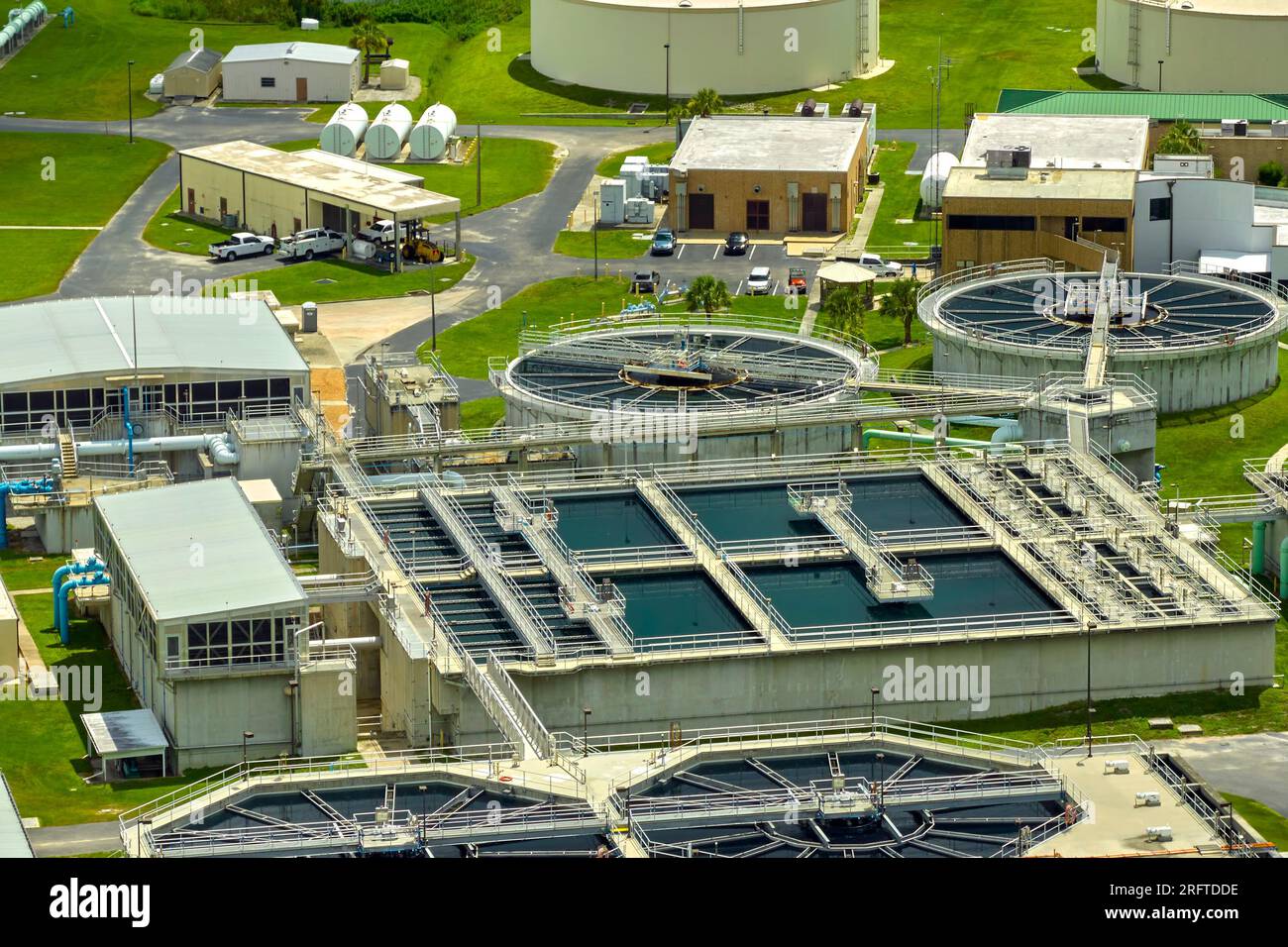 Aerial view of modern water cleaning facility at urban wastewater ...