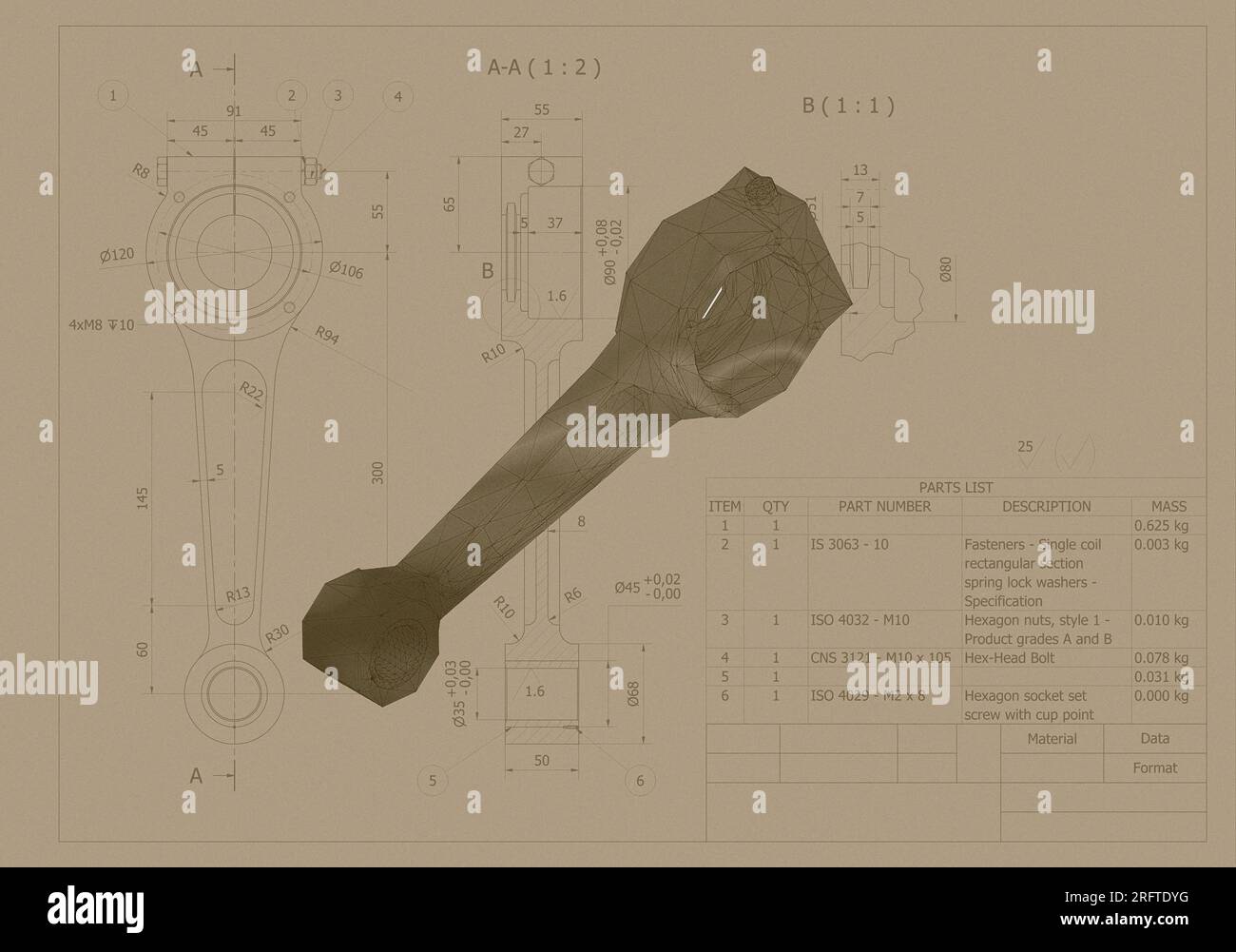 technical drwaing, old black and white connecting rod crank for ...