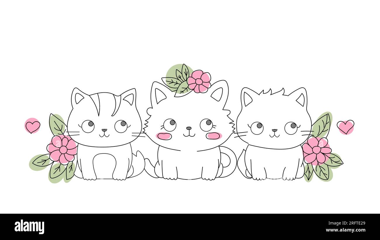 Three cute kittens sitting side by side in the grass and flowers. Black ...