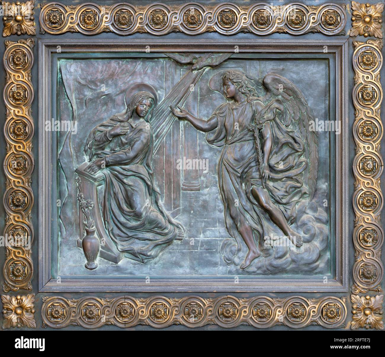 NAPLES, ITALY - APRIL 22, 2023: The bronze relief of Annunciation on ...