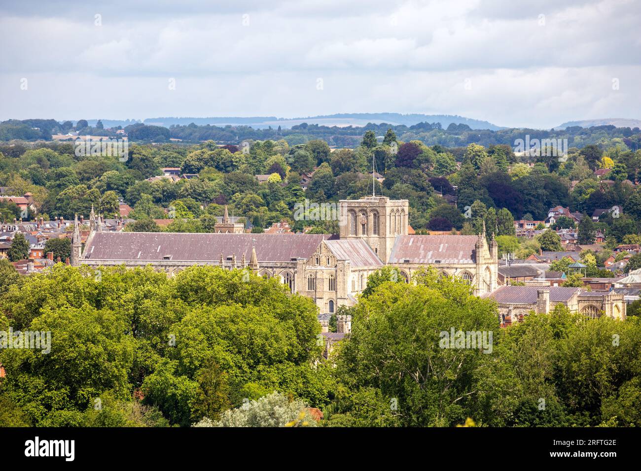 Aerial view from above of the Hampshire city of Winchester as seen from ...
