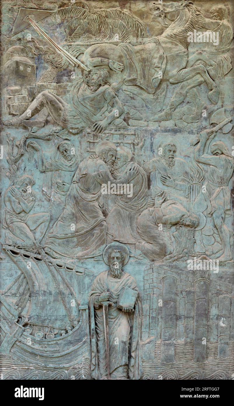 NAPLES, ITALY - APRIL 24, 2023: The bronze relief with the scenes from ...