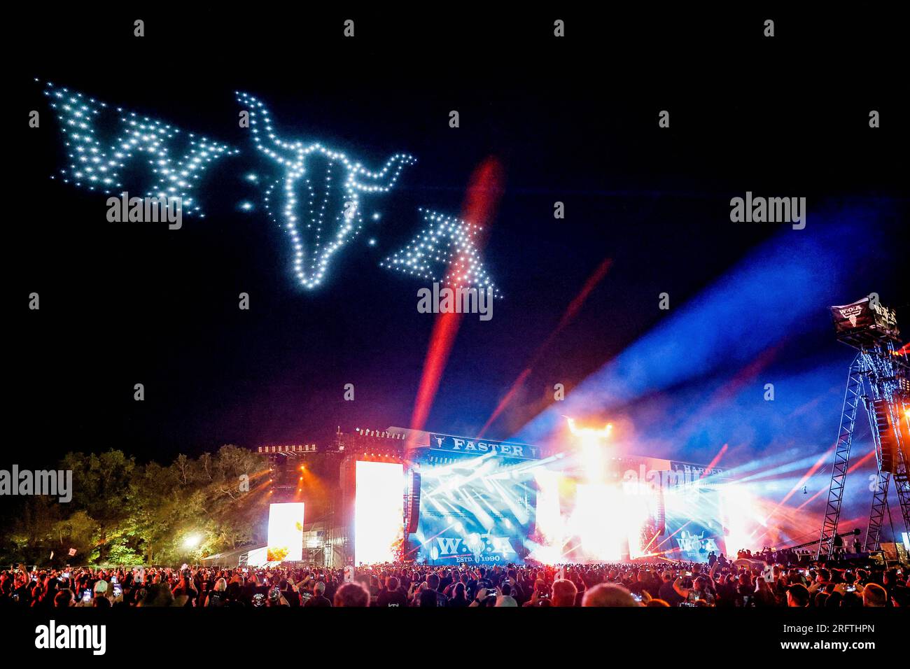 Wacken, Germany. 05th Aug, 2023. Drones form the Wacken Open Air logo ...