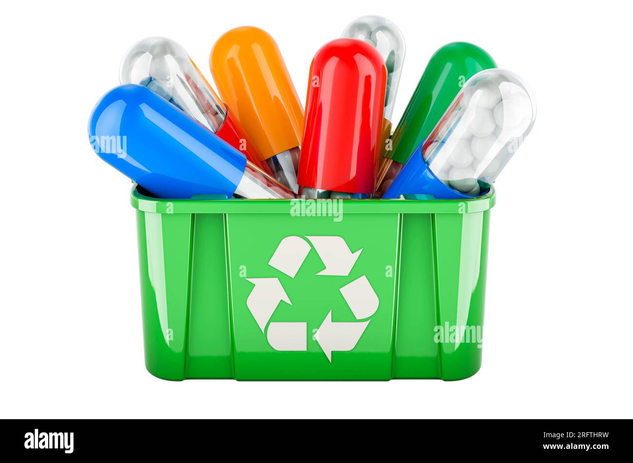Recycling trashcan with medical capsules, 3D rendering isolated on ...