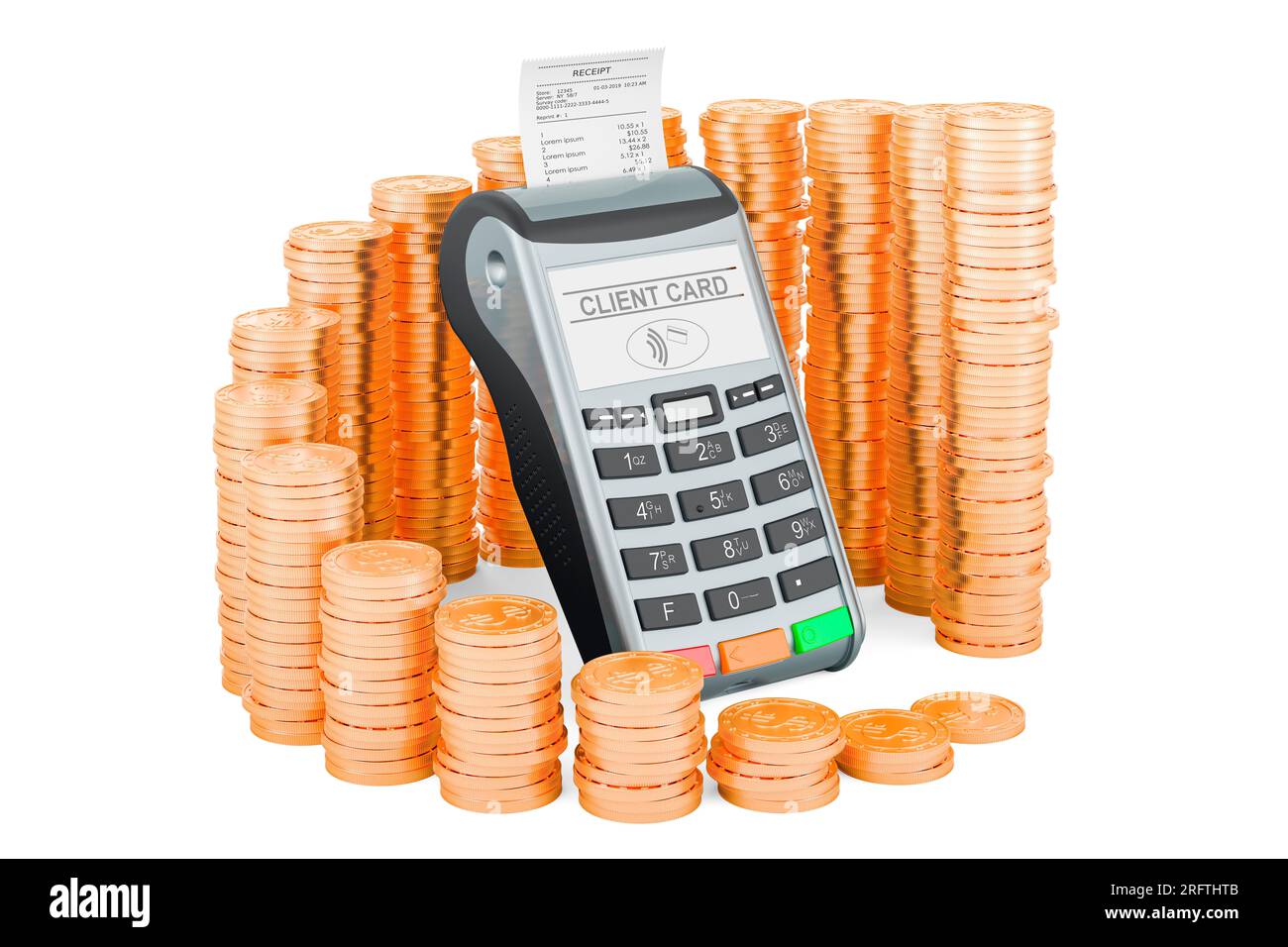 POS terminal with growing chart from gold coins around, 3D rendering ...