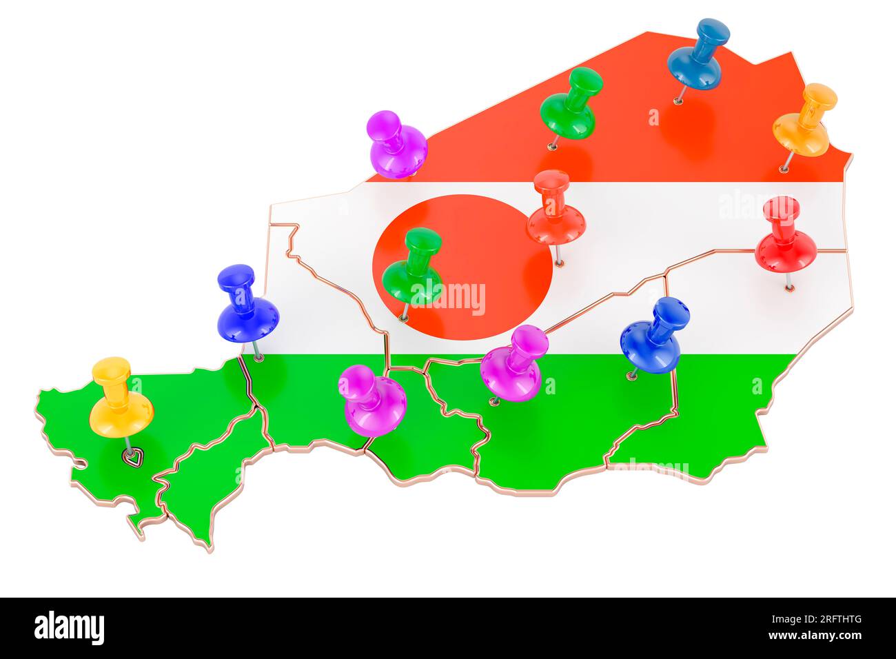 Map of republic of the Niger with colored push pins, 3D rendering ...