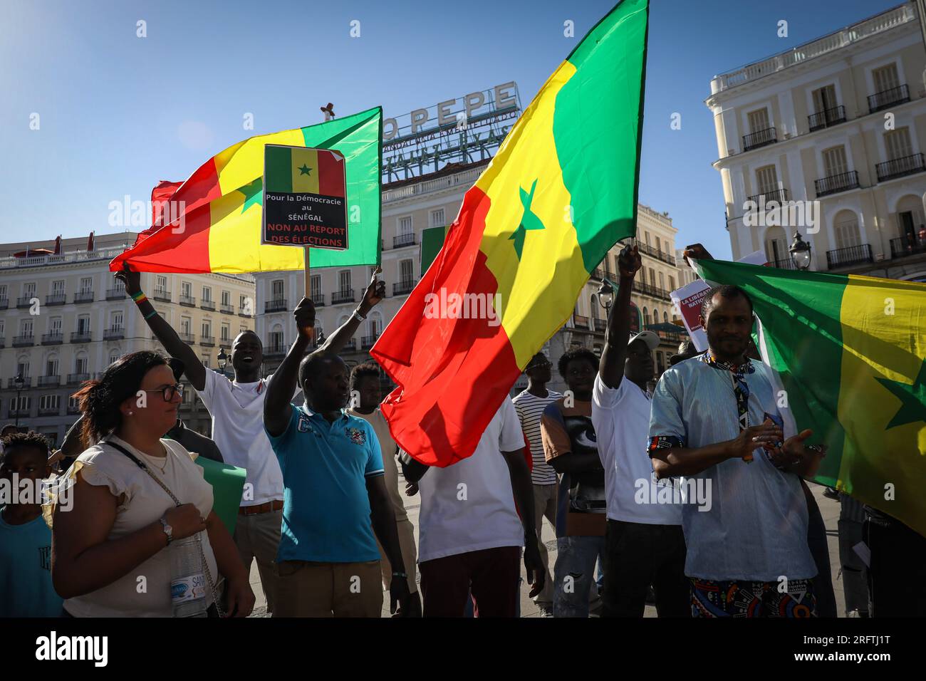 Madrid, Spain. 05th Aug, 2023. A group of demonstrators wave flags ...