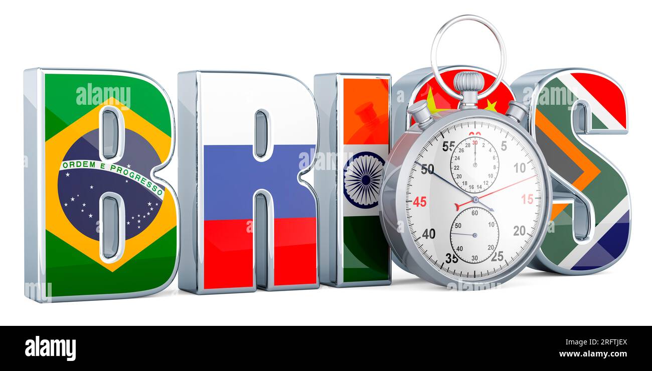 BRICS summit with stopwatch, 3D rendering isolated on white background ...