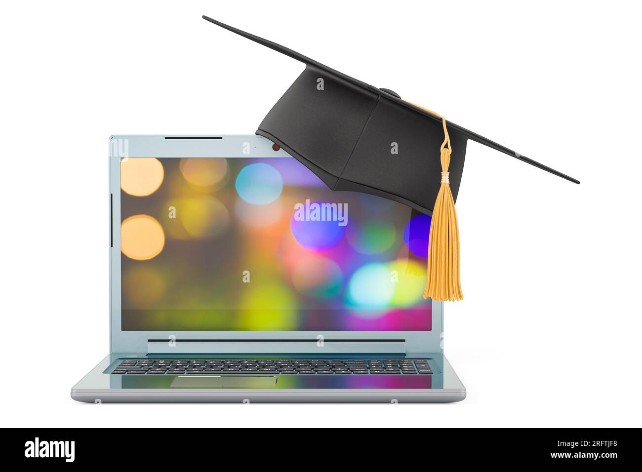 Online education concept. Laptop with graduation cap. 3D rendering ...