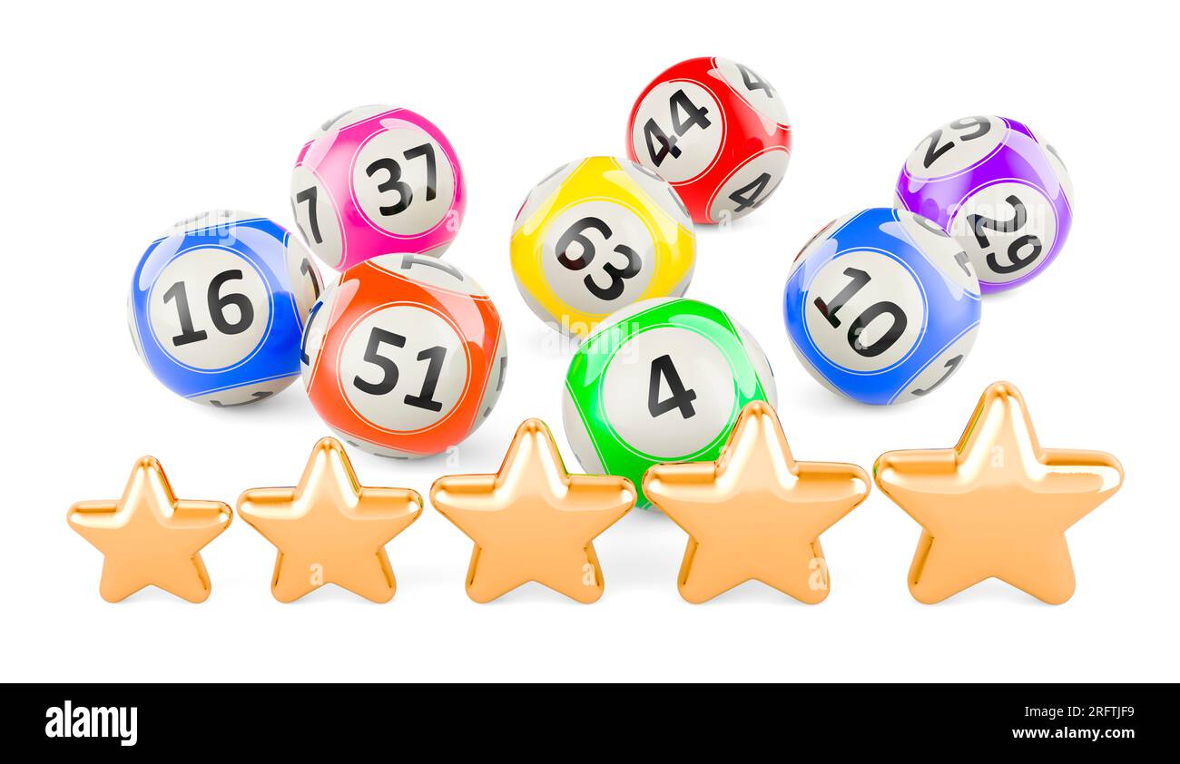 Lottery balls with five golden stars, 3D rendering isolated on white ...