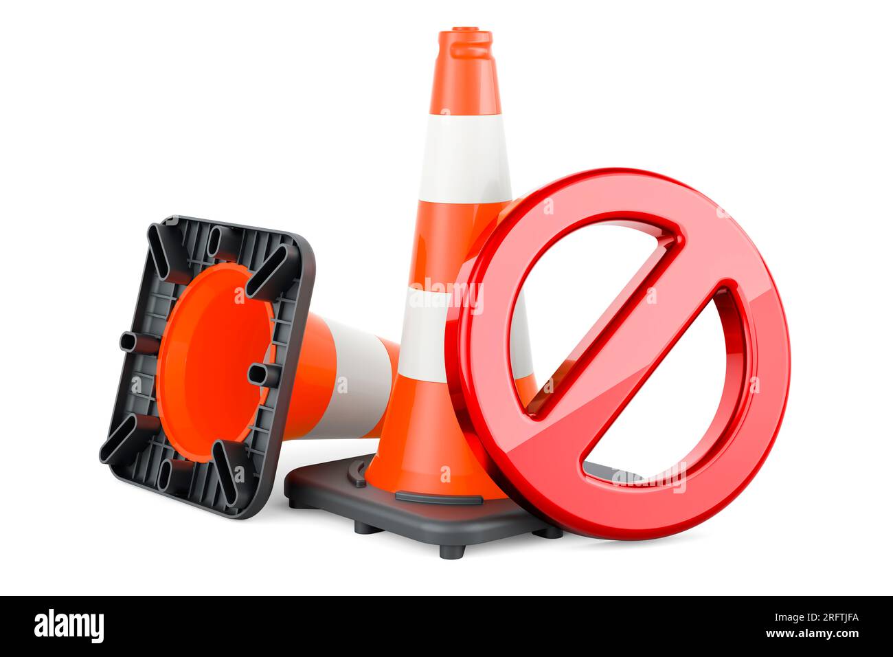 Road cones with forbidden symbol. 3D rendering isolated on white ...