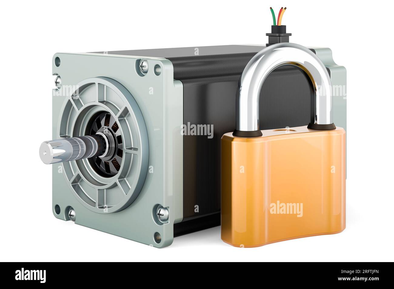 Stepper motor with padlock, 3D rendering isolated on white background ...