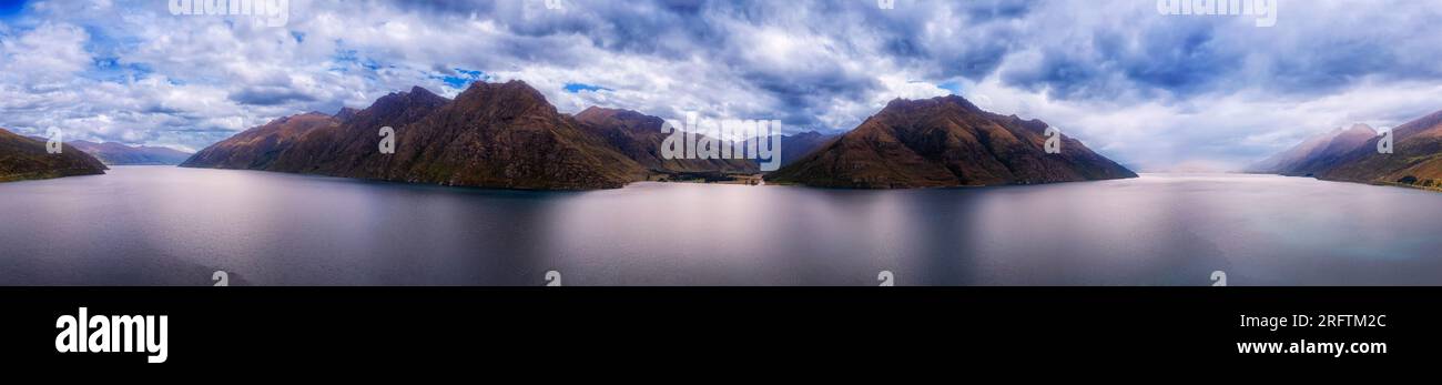 Scenic aerial panorama of Lake Wakatipu on South island of New Zealand ...