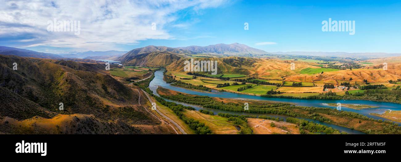 High scenic aerial panorama of Waitaki river stream in valley at Kurow ...