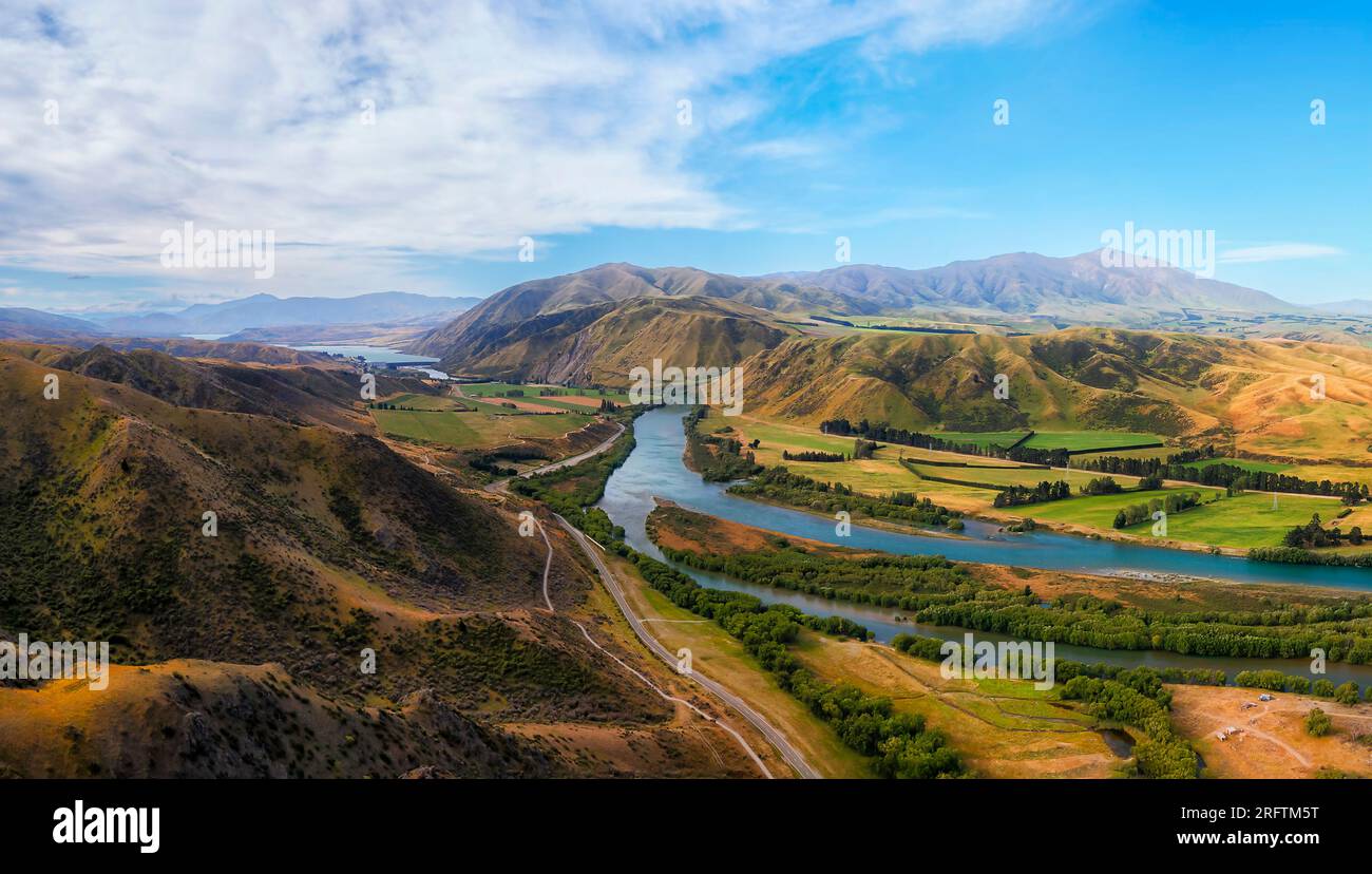 Lakes and dams in scenic aerial panorama of Waitaki river stream in ...