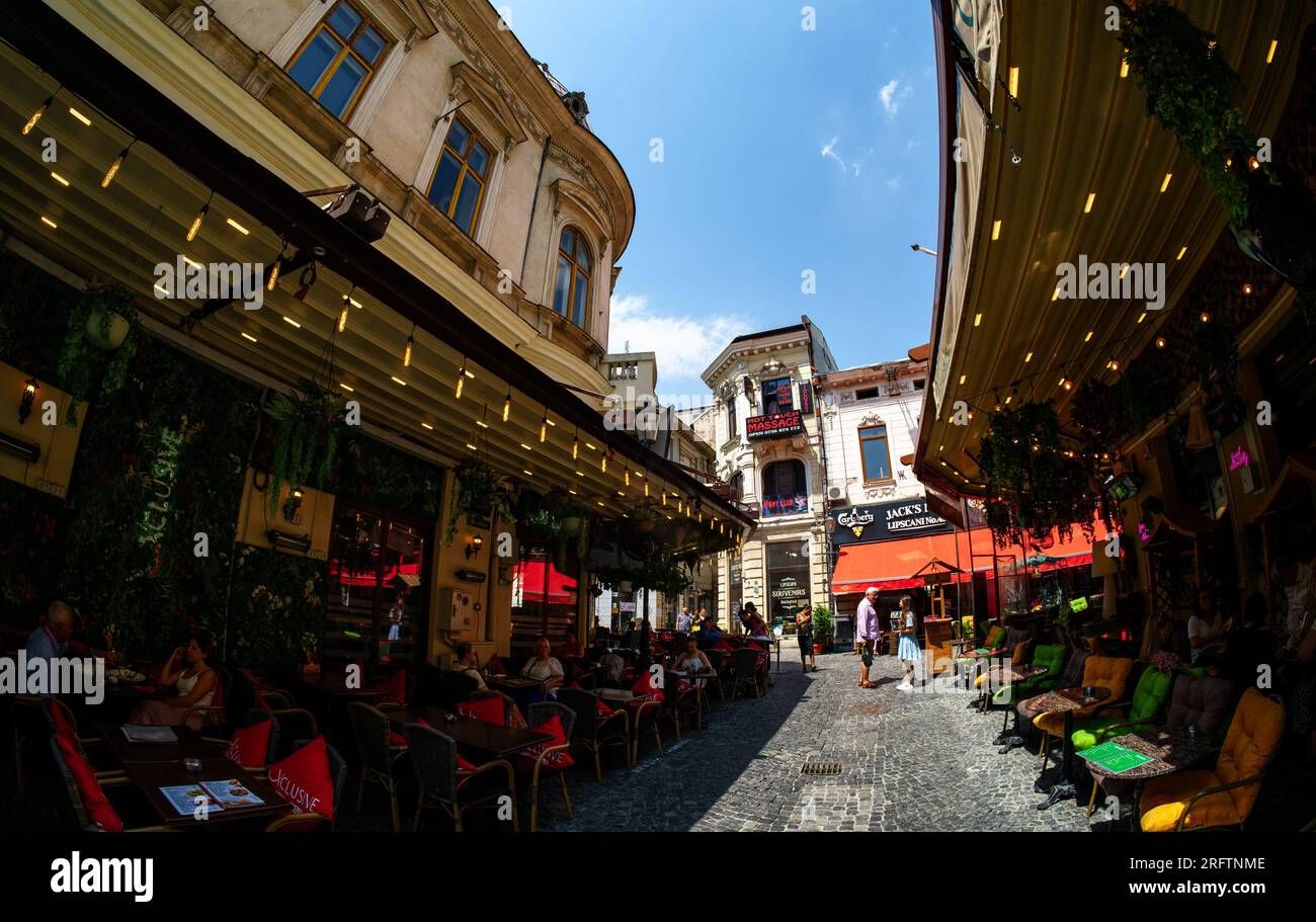 Bucharest, Romania - July 13, 2023: Selari, an old-style street with ...