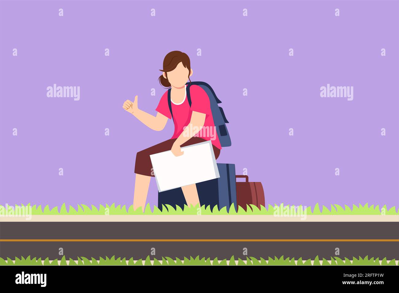 Cartoon flat style drawing beautiful woman with backpacks sitting near ...