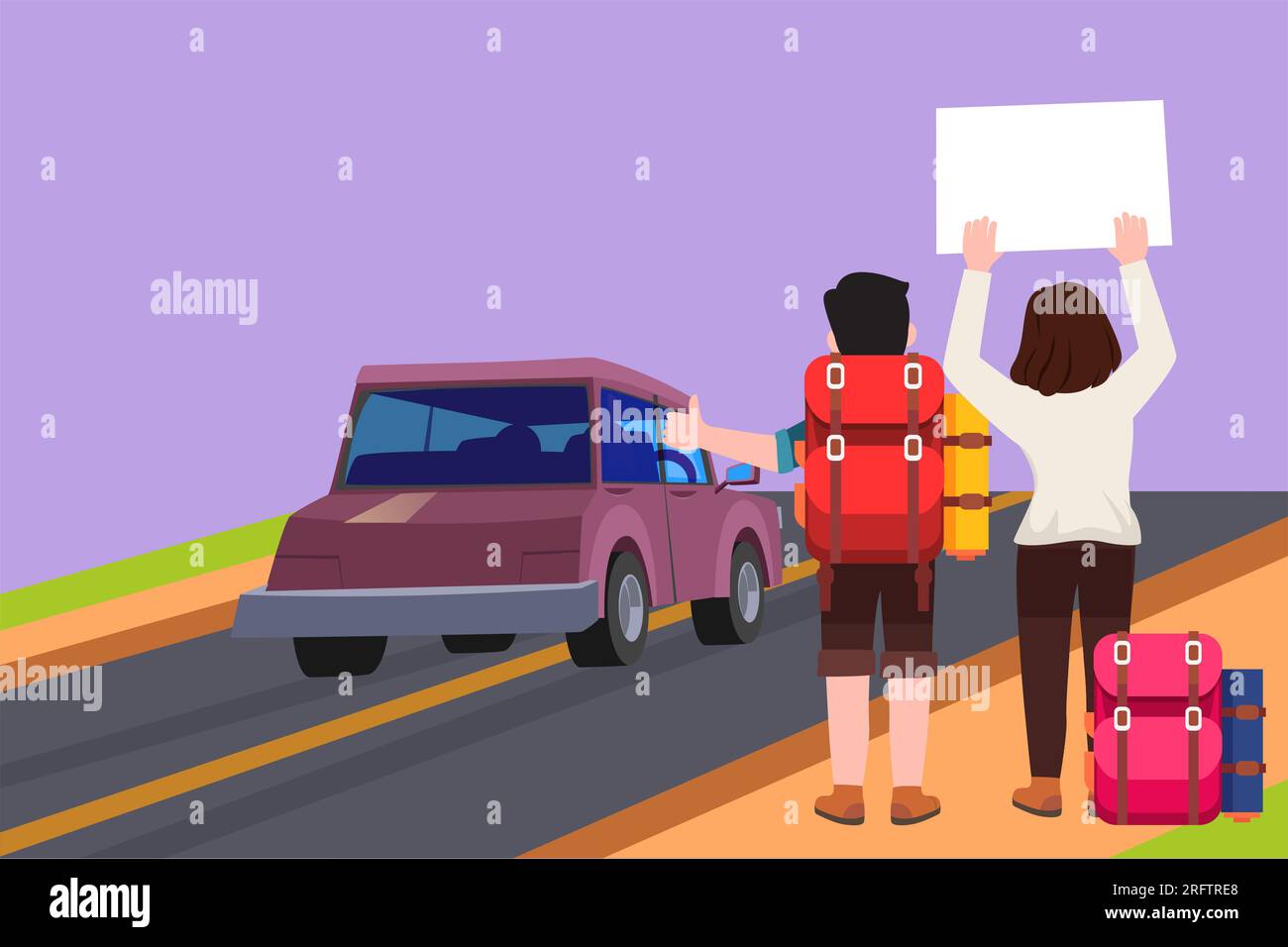 Cartoon flat style drawing back view of happy couple tourists with ...