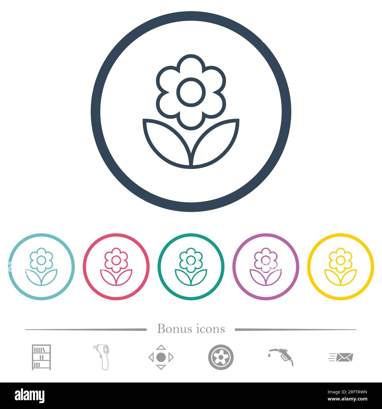 Single flower outline flat color icons in round outlines. 6 bonus icons ...