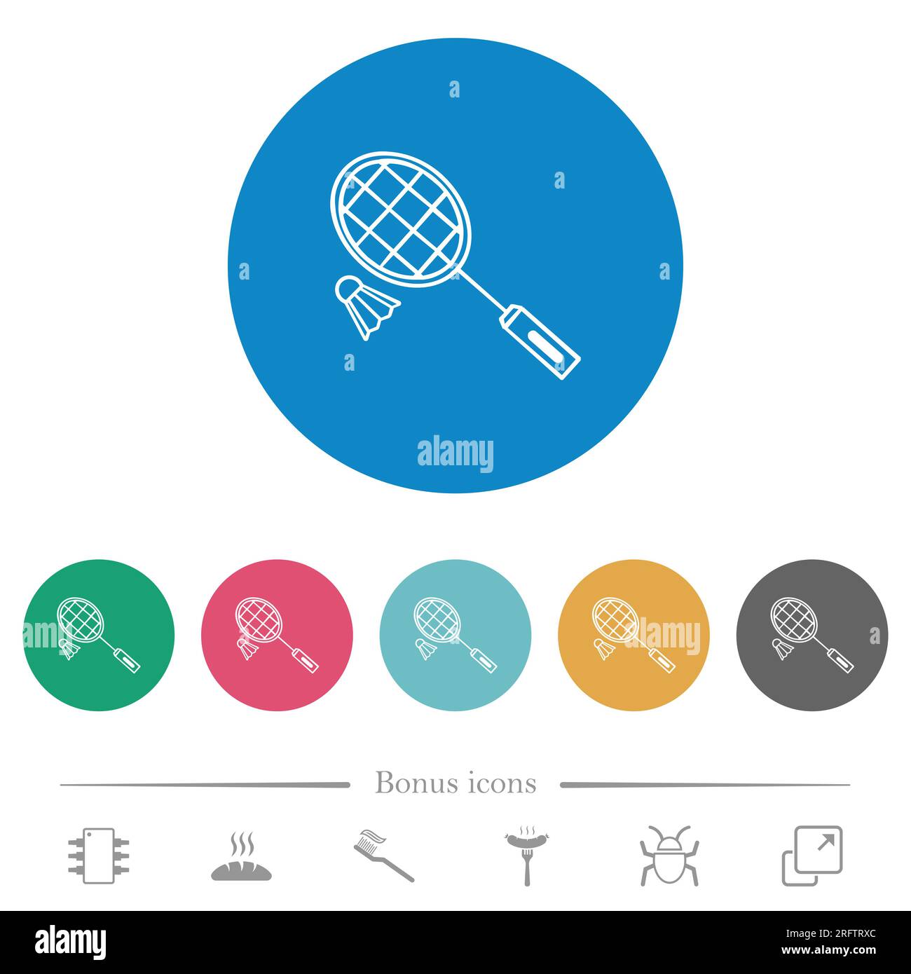 Badminton racket and shuttlecock outline flat white icons on round ...