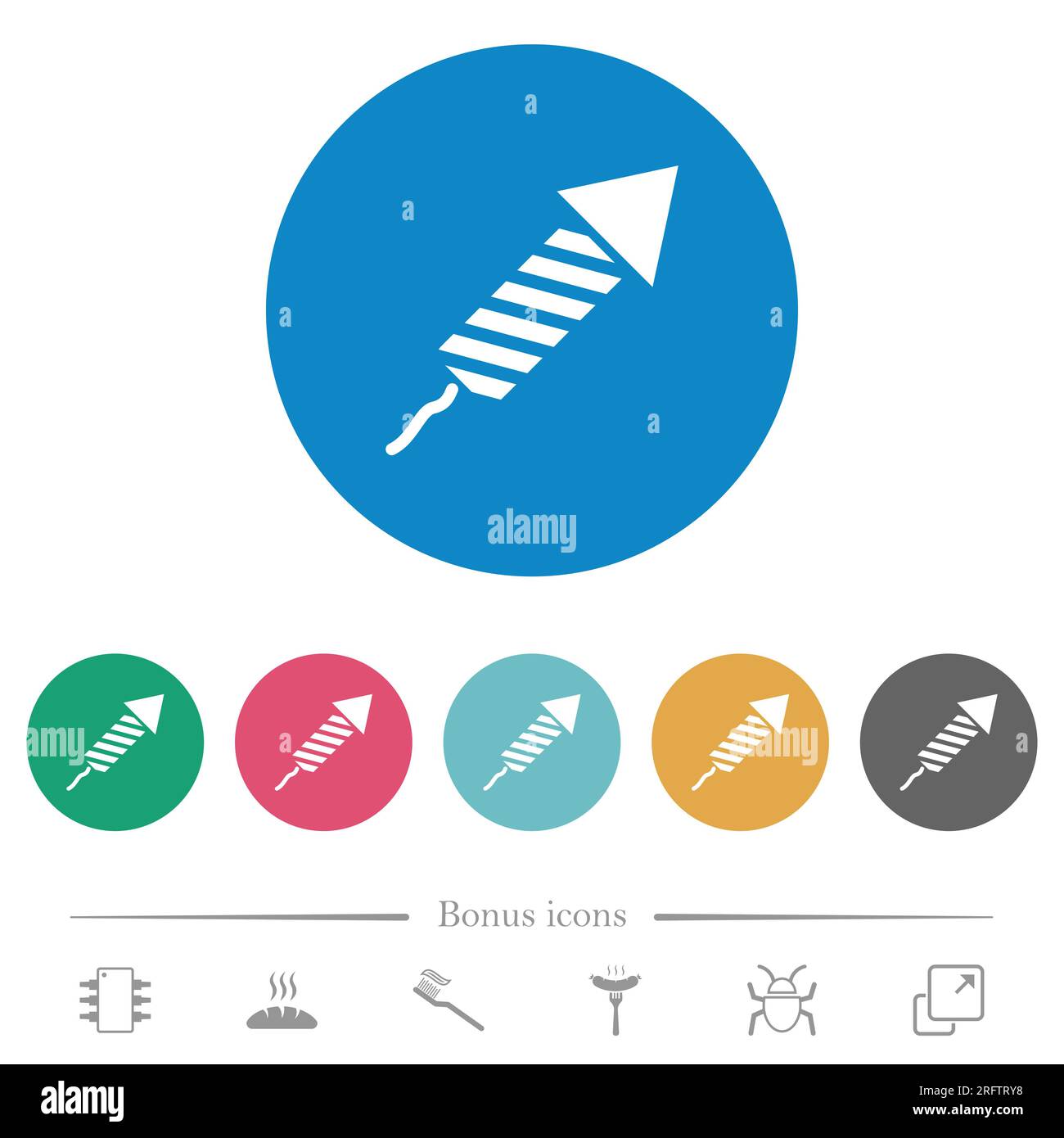 Firework rocket flat white icons on round color backgrounds. 6 bonus ...