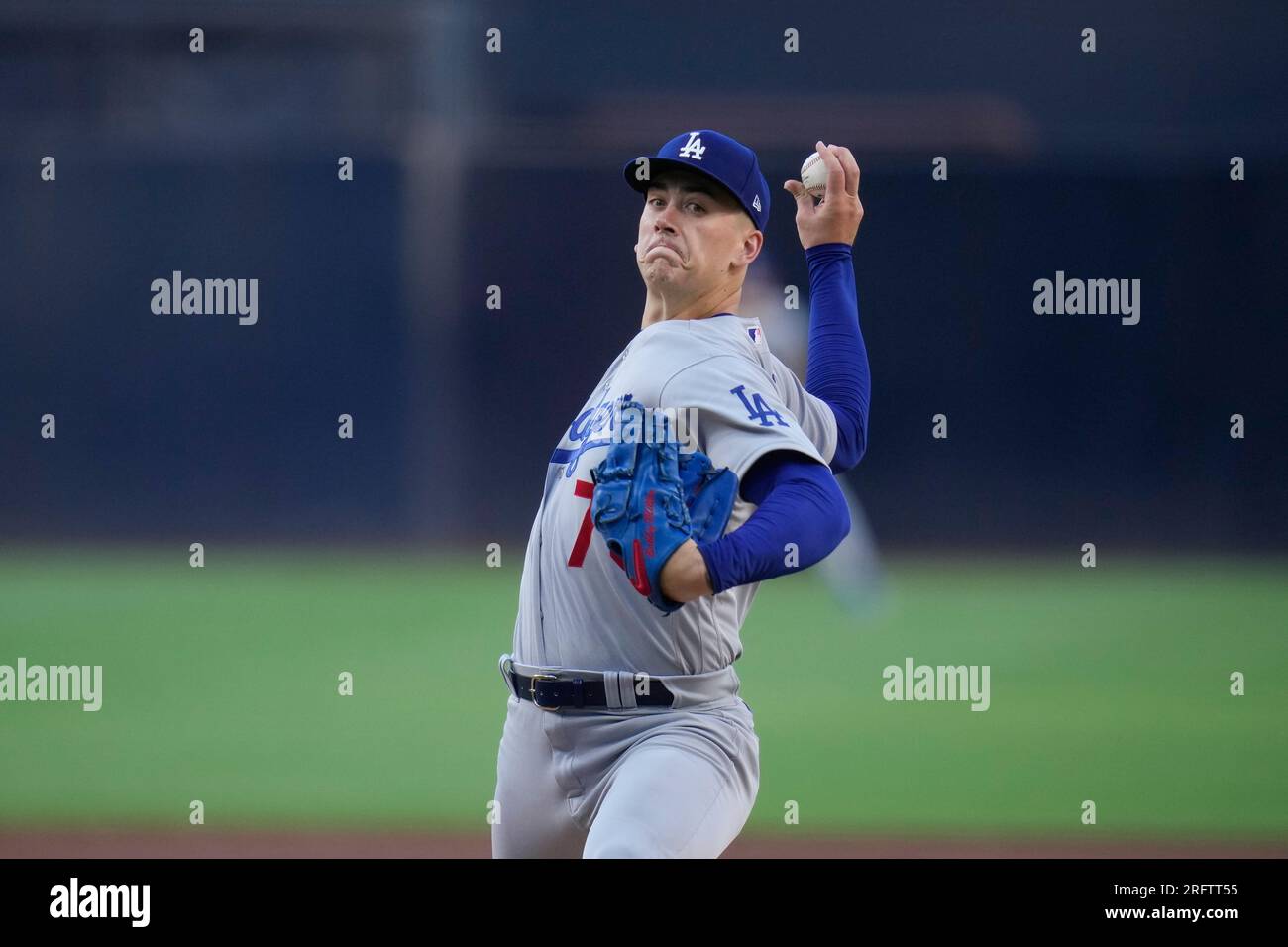 Los Angeles Dodgers starting pitcher Bobby Miller works against a San ...