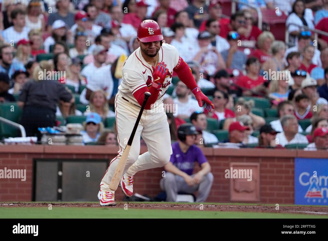 St. Louis Cardinals' Willson Contreras drops his bat after grounding ...