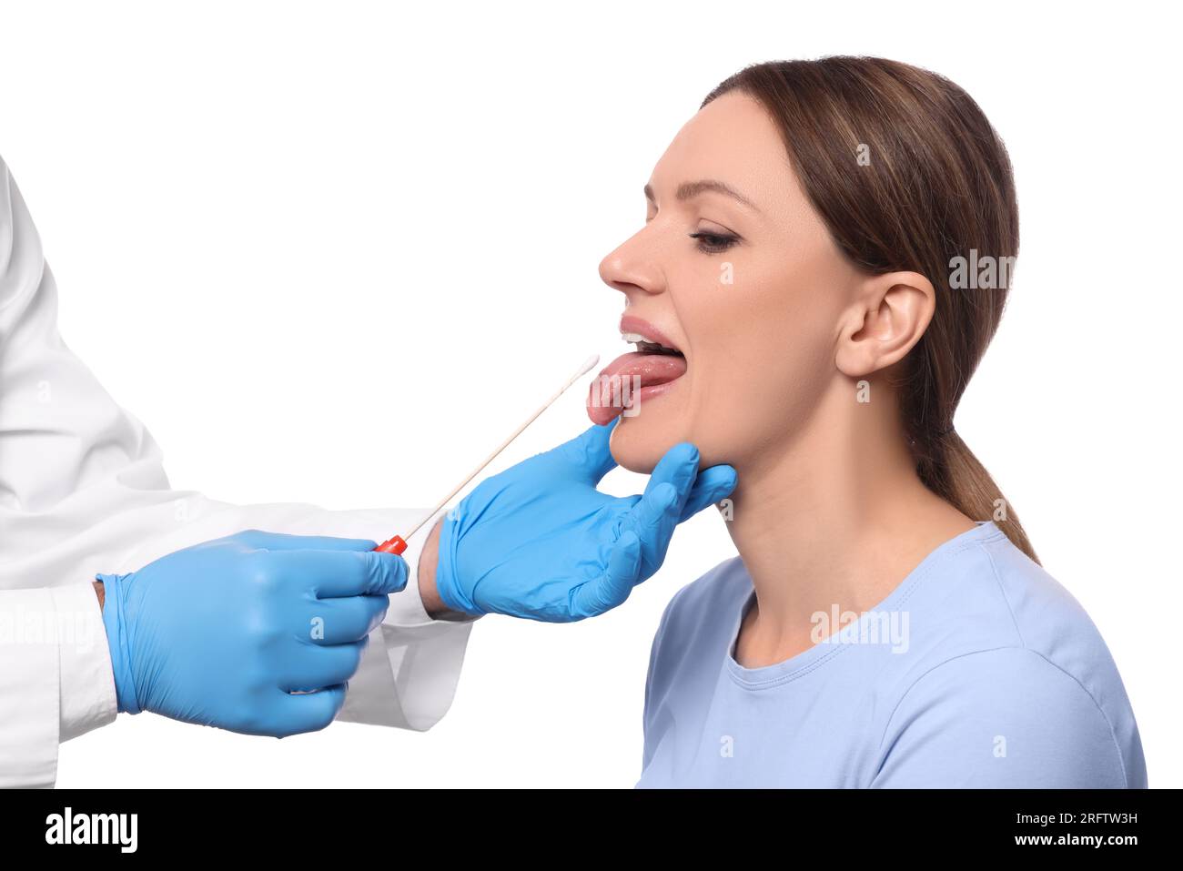 Doctor taking throat swab sample from woman`s oral cavity on white ...