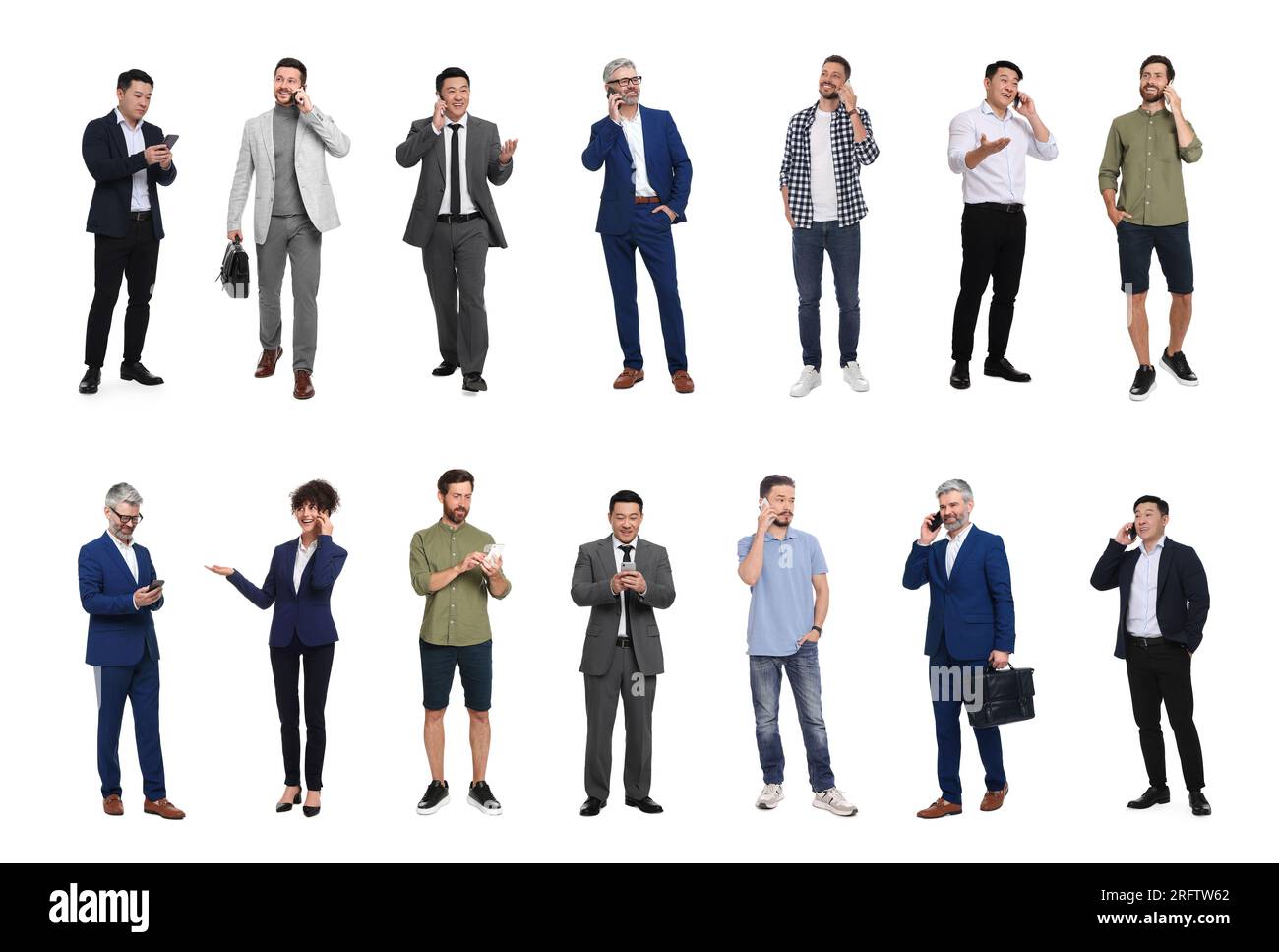 Collage with photos of people using mobile phones on white background ...