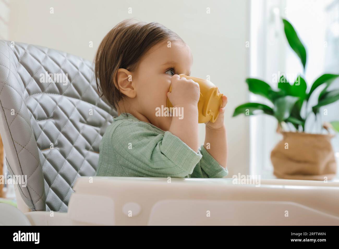 Cute little baby drinking from cup in high chair indoors Stock Photo ...
