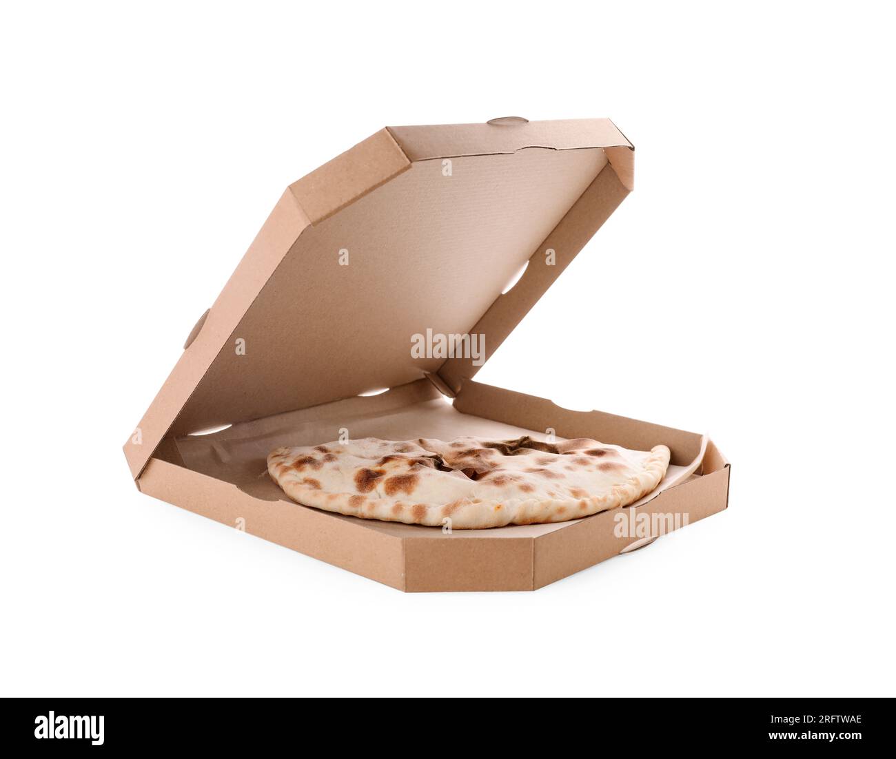 Cardboard box with delicious calzone on white background Stock Photo ...