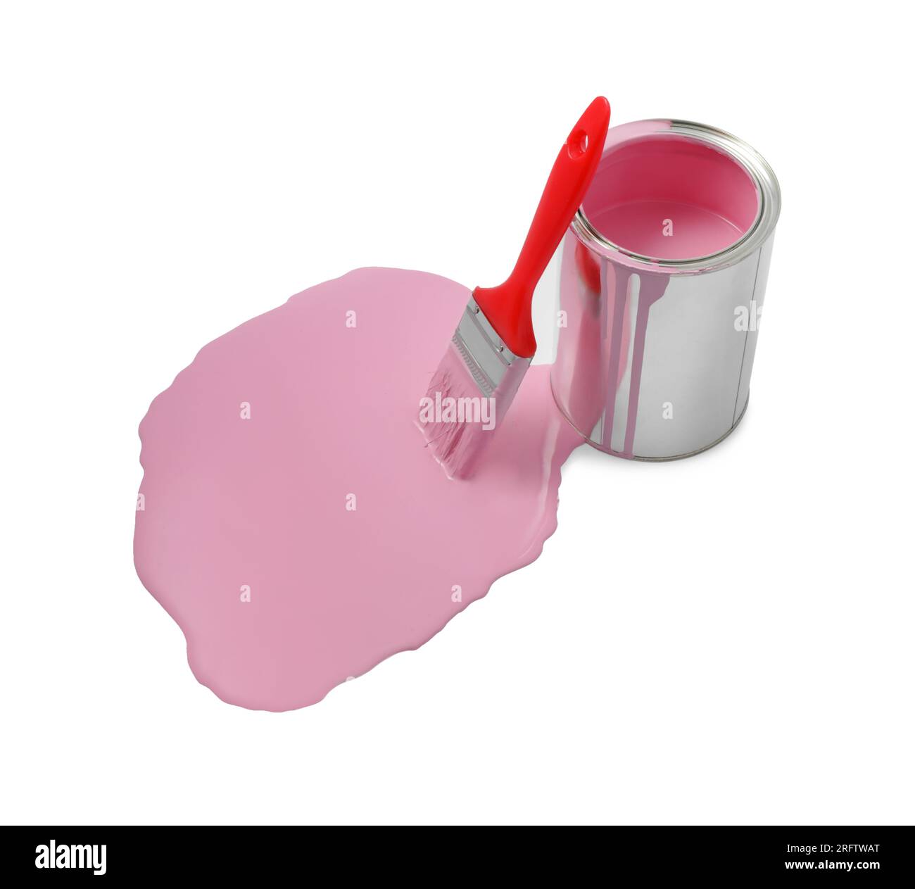 Spilled pink paint, brush and can on white background Stock Photo - Alamy