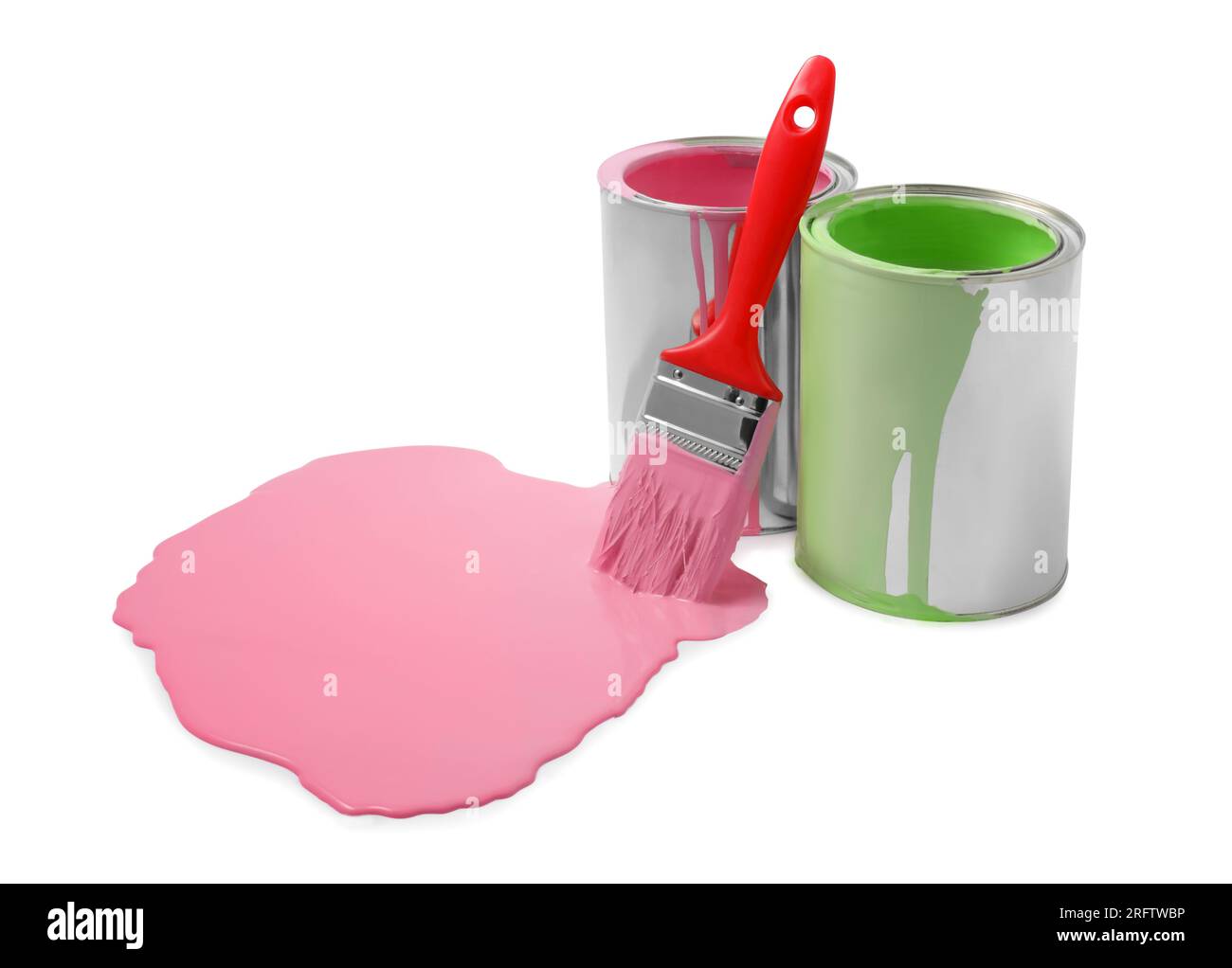 Spilled pink paint, brush and cans on white background Stock Photo - Alamy