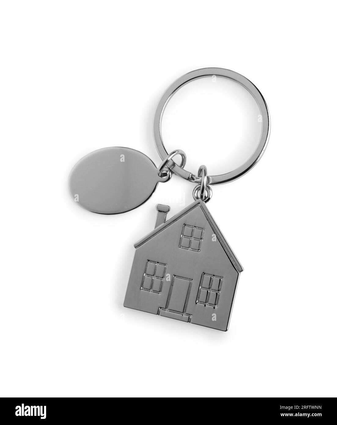 Metallic keychains with key ring isolated on white, top view Stock ...