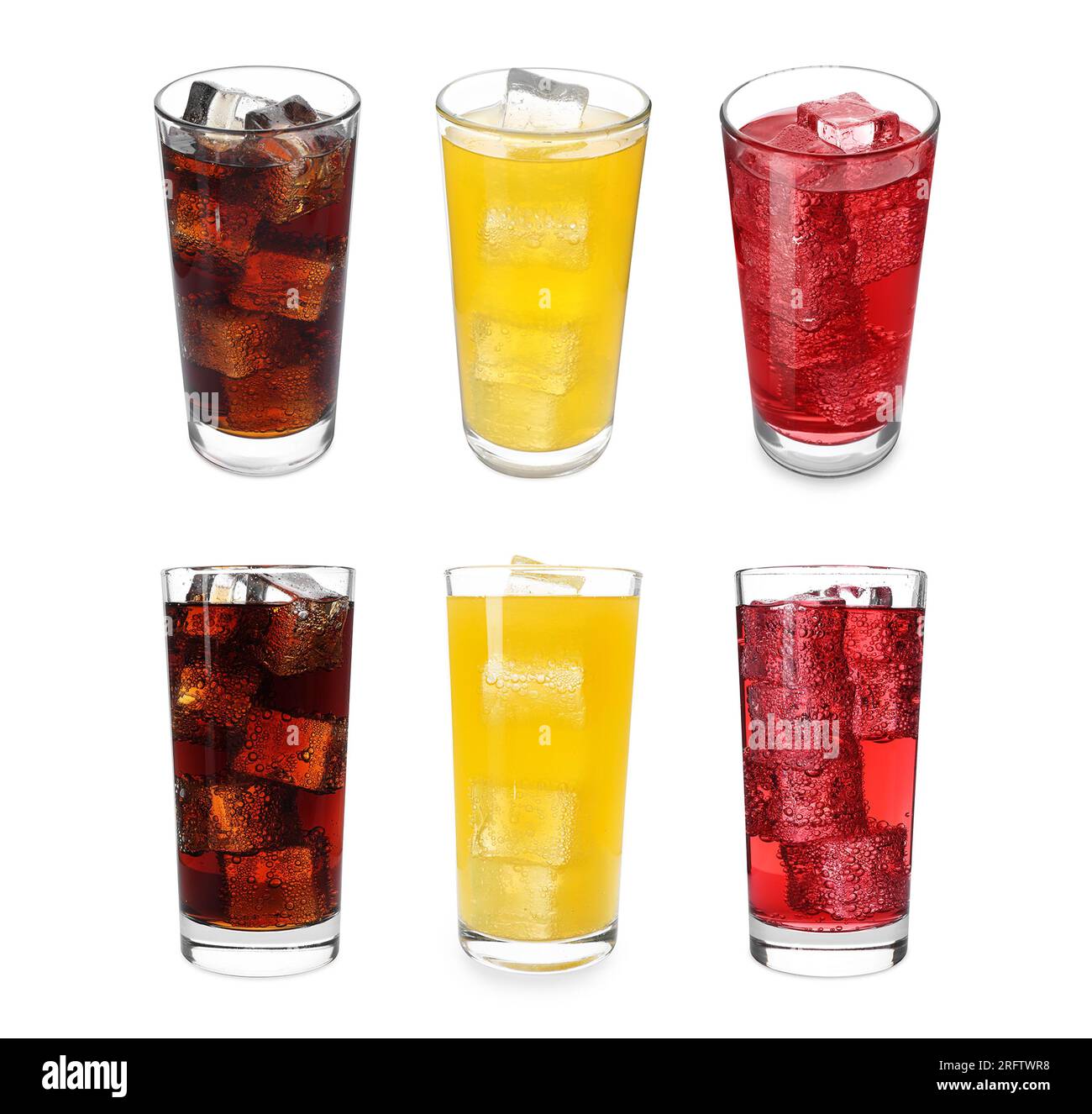 Collage of tasty refreshing soda drinks with ice cubes on white background Stock Photo - Alamy