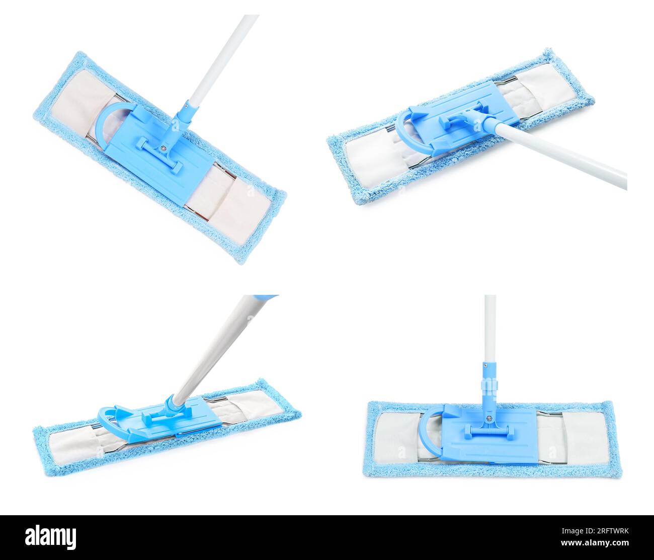 Collage with blue flat mop on white background, different angles Stock ...
