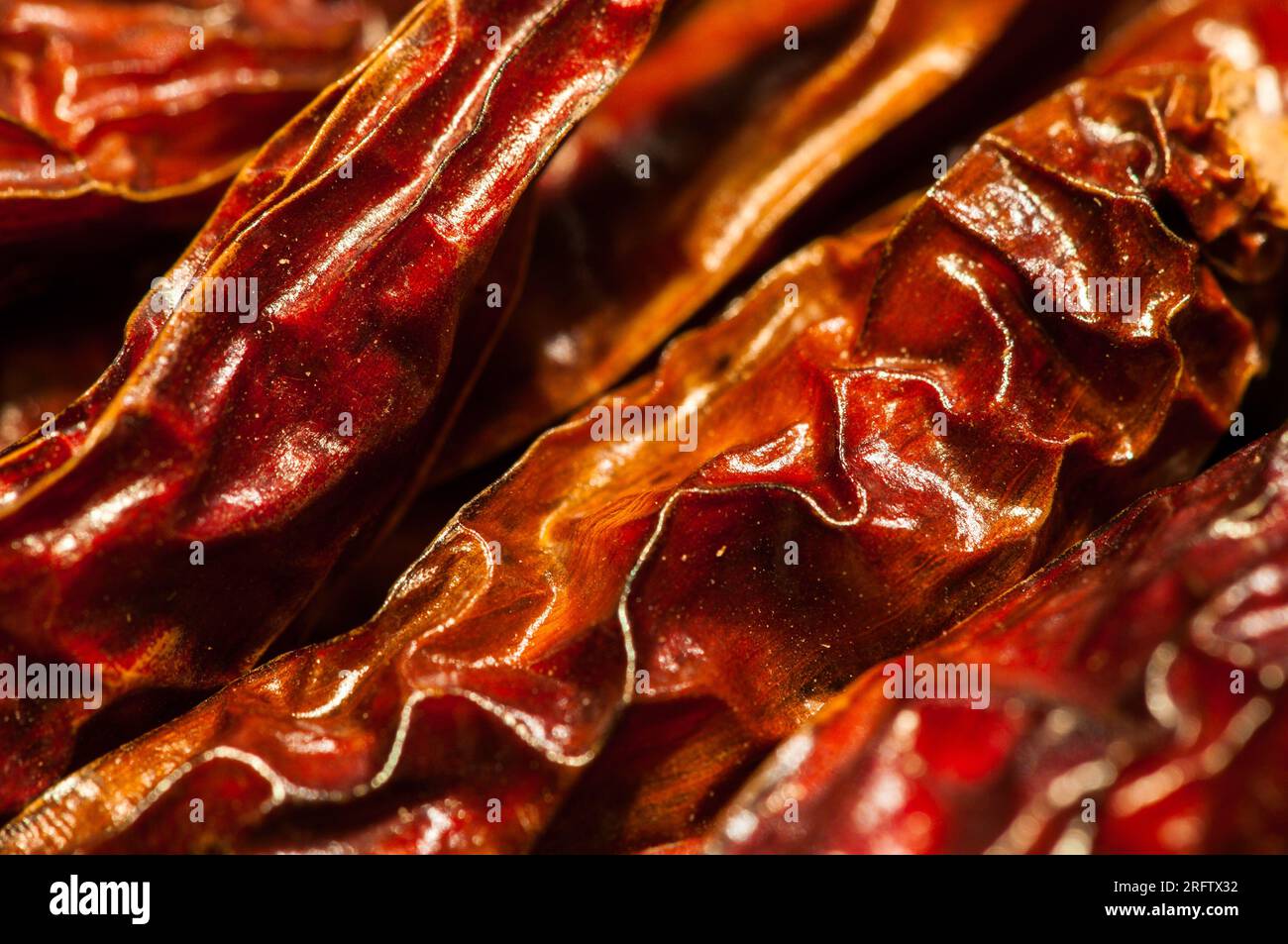 A close-up shot capturing the fiery, dried red chili (pepper) fruit ...
